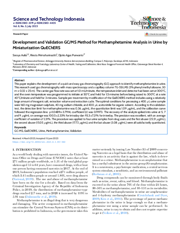 Pdf Development And Validation Gc Ms Method For Methamphetamine Analysis In Urine By