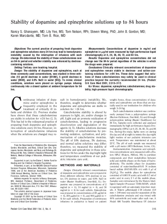 (PDF) Stability of dopamine and epinephrine solutions up to 84 hours