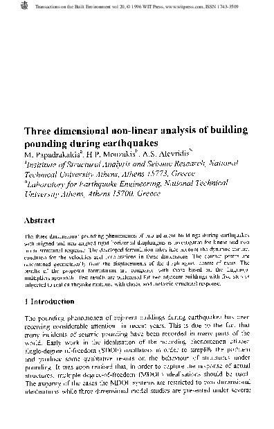 (PDF) Three Dimensional Non-linear Analysis Of BuildingPounding During Earthquakes