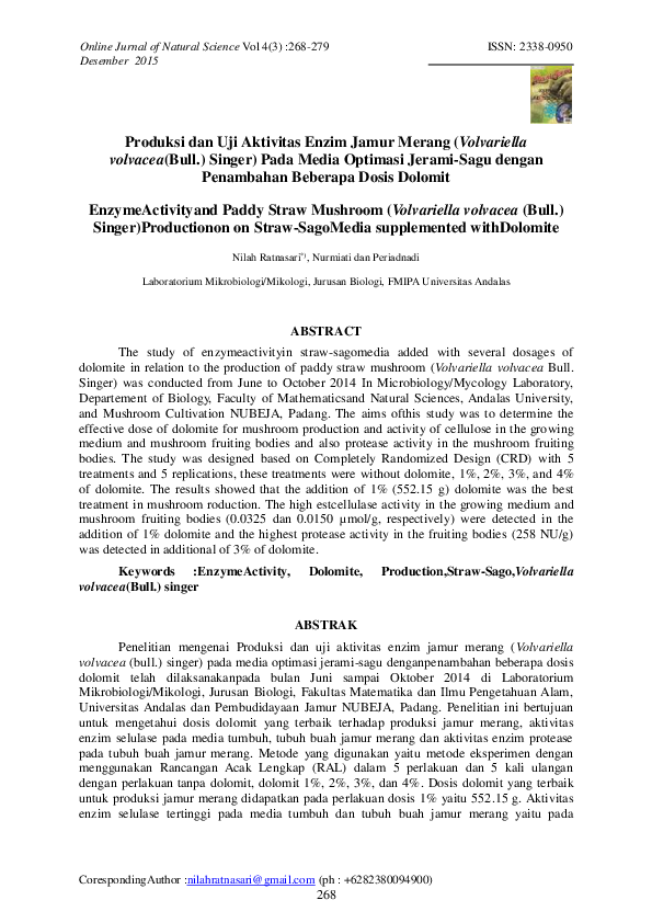 (PDF) Produksi dan Uji Aktivitas Enzim Jamur Merang (Volvariella volvacea(Bull.) Singer) Pada ...