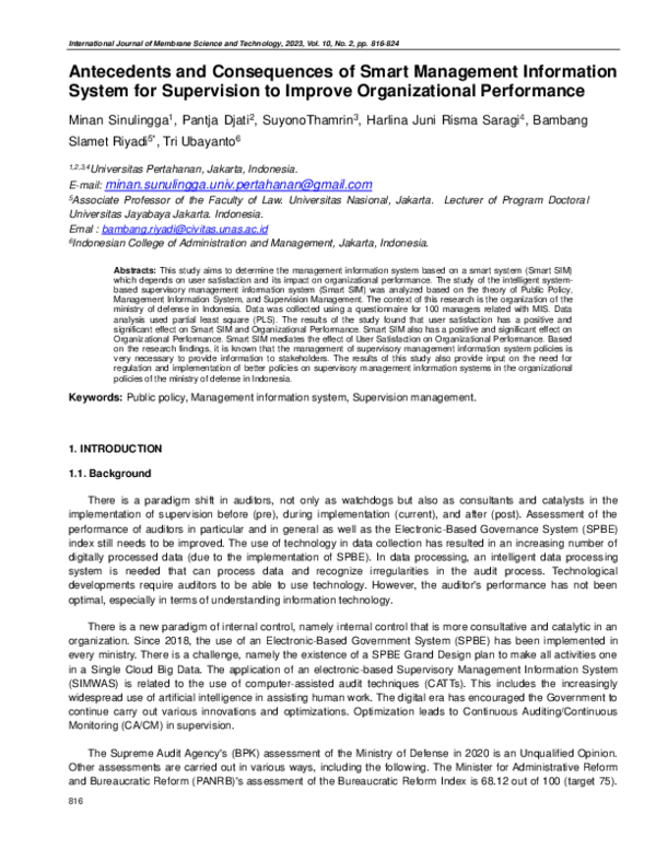 Antecedents and Consequences of Smart Management Information System for Supervision to Improve ...