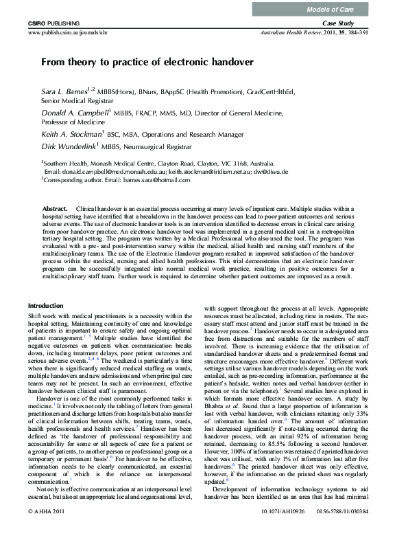 (PDF) From theory to practice of electronic handover