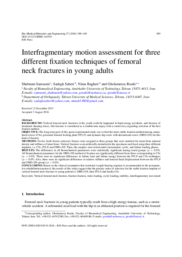 (PDF) Interfragmentary motion assessment for three different fixation techniques of femoral neck ...