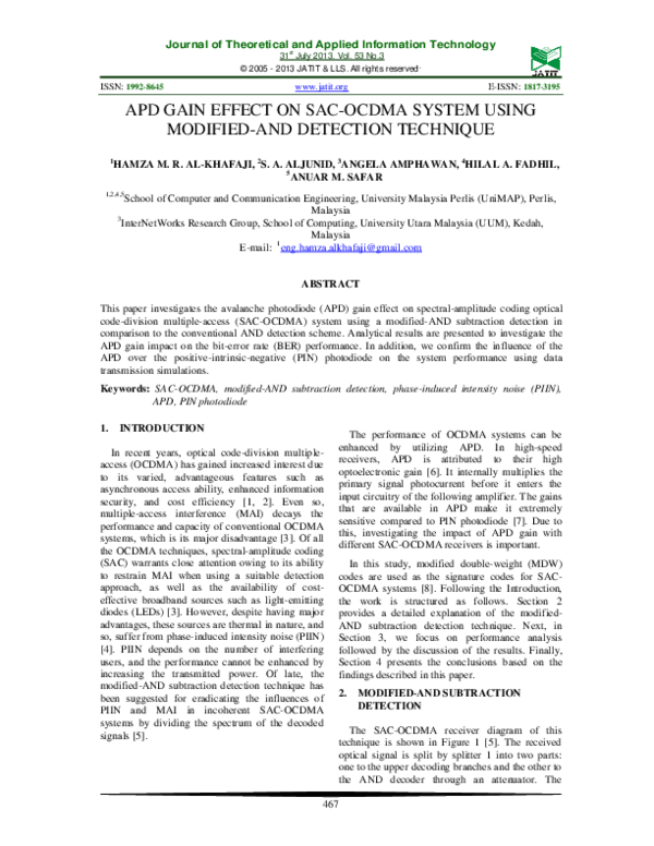 Pdf Apd Gain Effect On Sac Ocdma System Using Modified And Detection Technique
