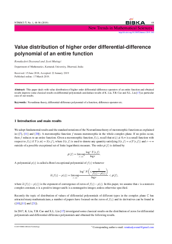 (PDF) Value distribution of higher order differential-difference ...