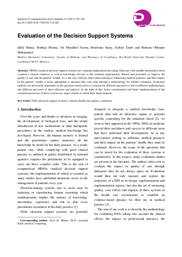 (PDF) Evaluation of the Decision Support Systems