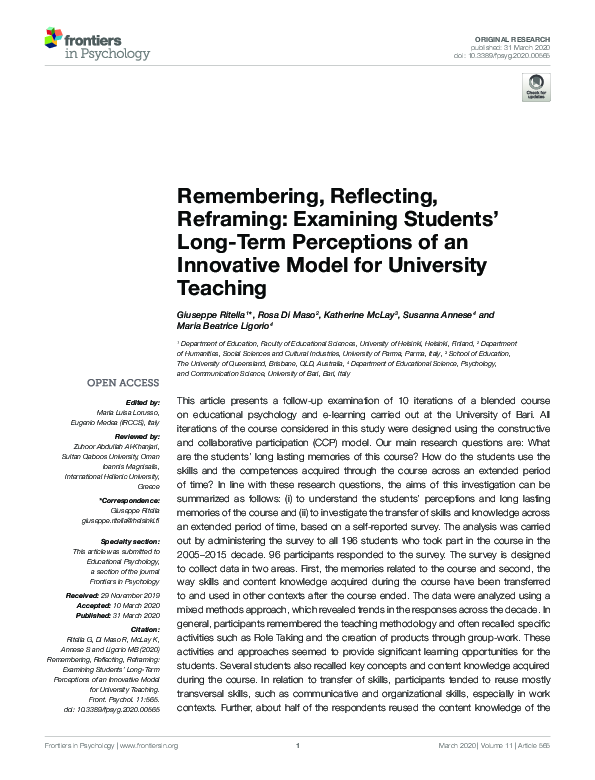 (PDF) Remembering, Reflecting, Reframing: Examining Students’ Long-Term ...