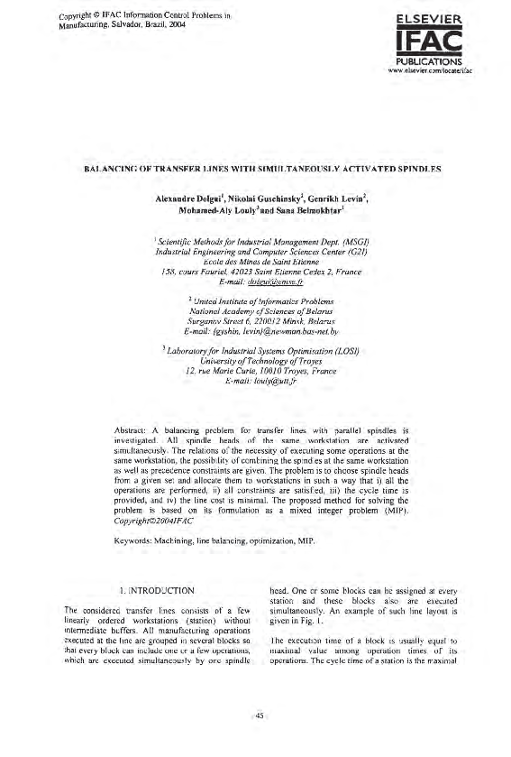 (PDF) Balancing of transfer lines with simultaneously activated spindles