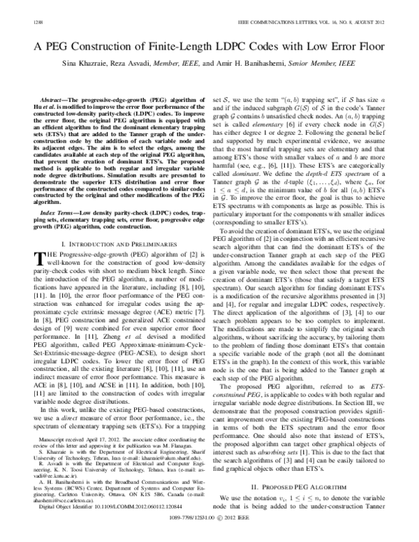 Pdf A Peg Construction Of Finite Length Ldpc Codes With Low Error Floor