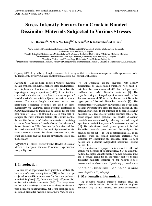 (PDF) Stress Intensity Factors for a Crack in Bonded Dissimilar Materials Subjected to Various ...