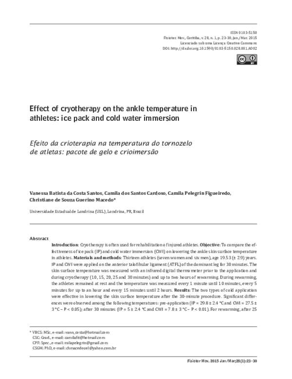 (PDF) Effect of cryotherapy on the ankle temperature in athletes: ice ...