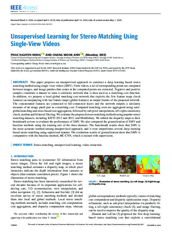 Pdf Unsupervised Learning For Stereo Matching Using Single View Videos
