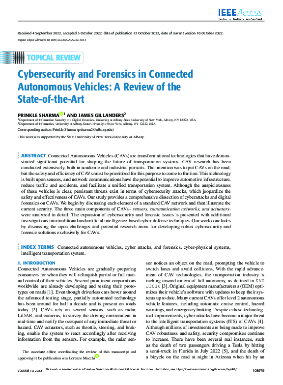 (PDF) Cybersecurity and Forensics in Connected Autonomous Vehicles: A Review of the State-of-the-Art