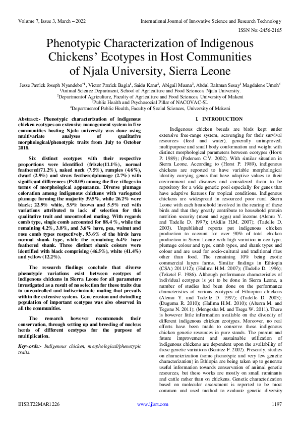(PDF) Phenotypic Characterization of Indigenous Chickens' Ecotypes in Host Communities of Njala ...