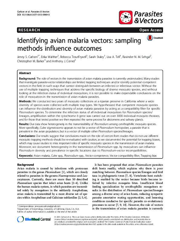 (PDF) Identifying avian malaria vectors: sampling methods influence ...