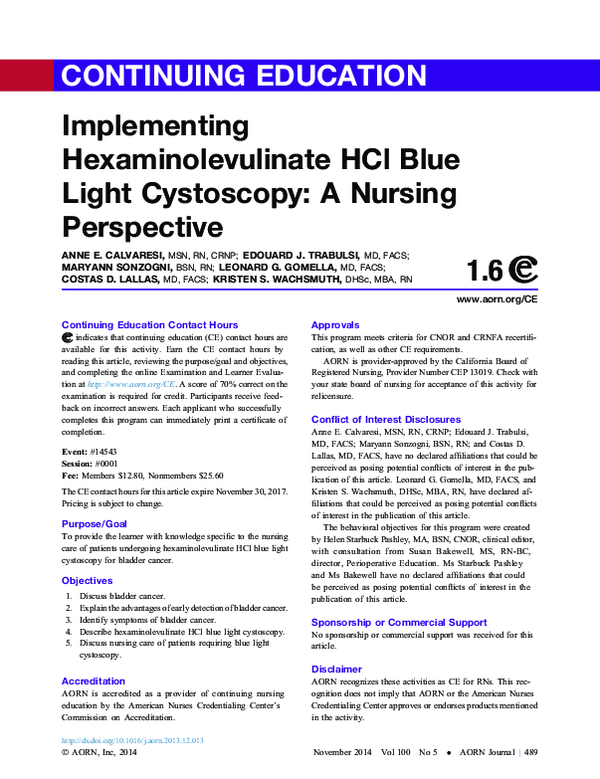 (PDF) Implementing Hexaminolevulinate HCl Blue Light Cystoscopy: A Nursing Perspective
