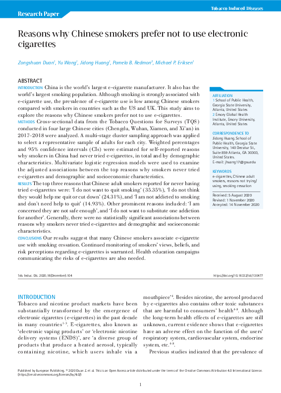 (PDF) Reasons why Chinese smokers prefer not to use electronic cigarettes