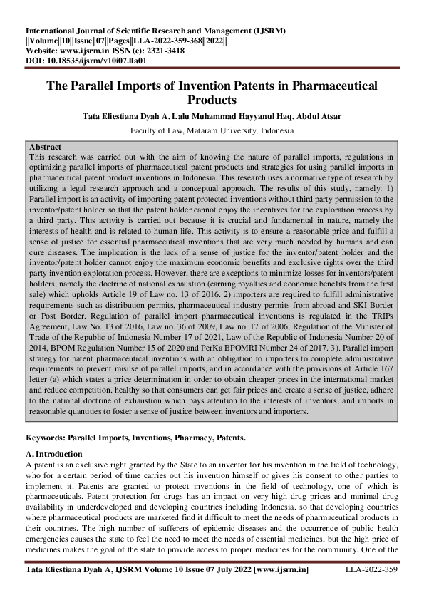 (PDF) The Parallel Imports of Invention Patents in Pharmaceutical Products