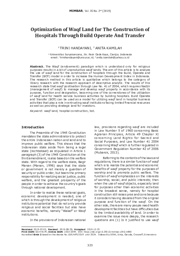 (PDF) Optimization of Waqf Land for The Construction of Hospitals Through Build Operate And ...