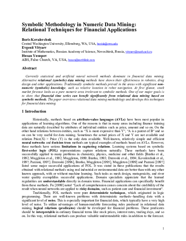 Symbolic Methodology in Numeric Data Mining: Relational Techniques for Financial Applications