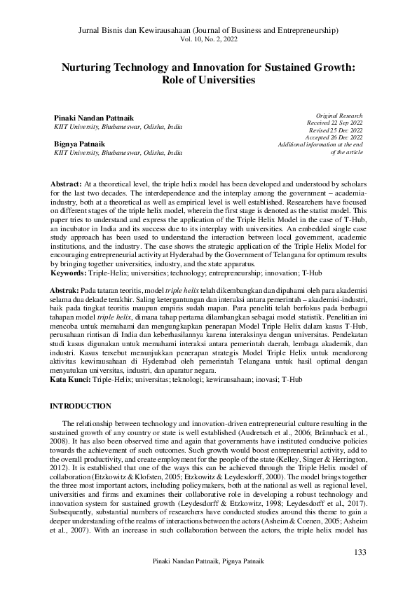 (PDF) Nurturing Technology and Innovation for Sustained Growth: Role of Universities