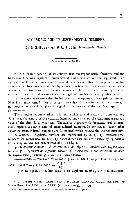 (PDF) Algebraic and Transcendental Numbers