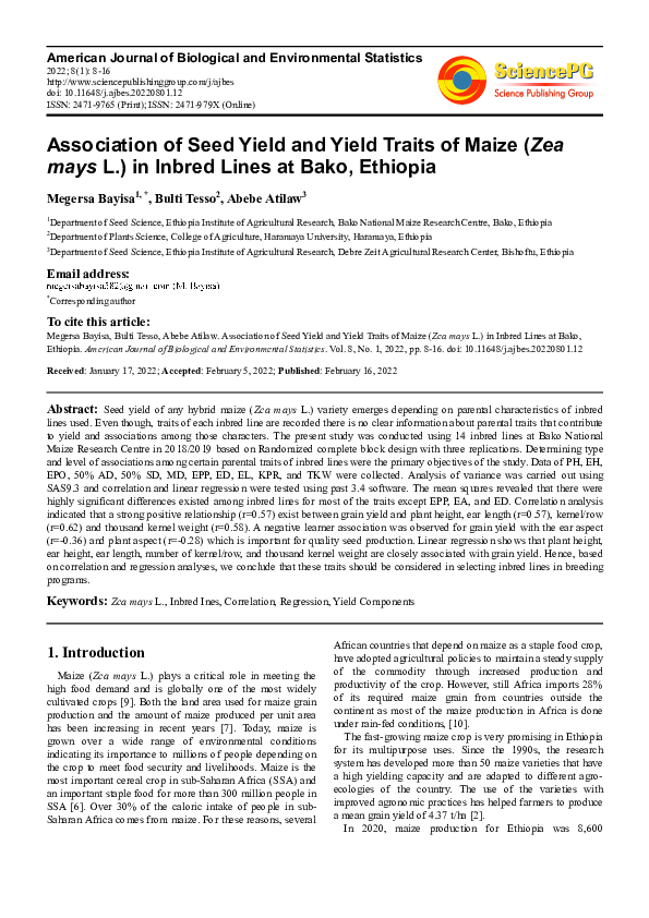 (PDF) Association of Seed Yield and Yield Traits of Maize ( Zea mays L.) in Inbred Lines at Bako ...