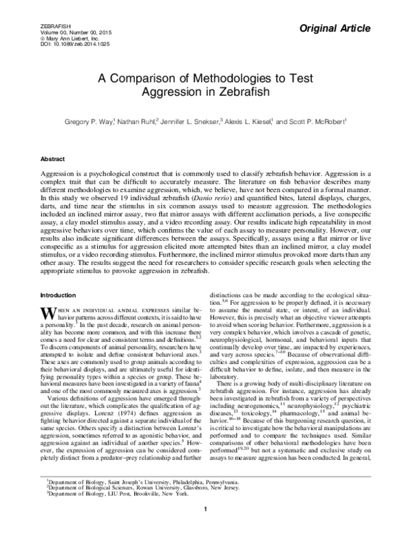 (PDF) A Comparison of Methodologies to Test Aggression in Zebrafish