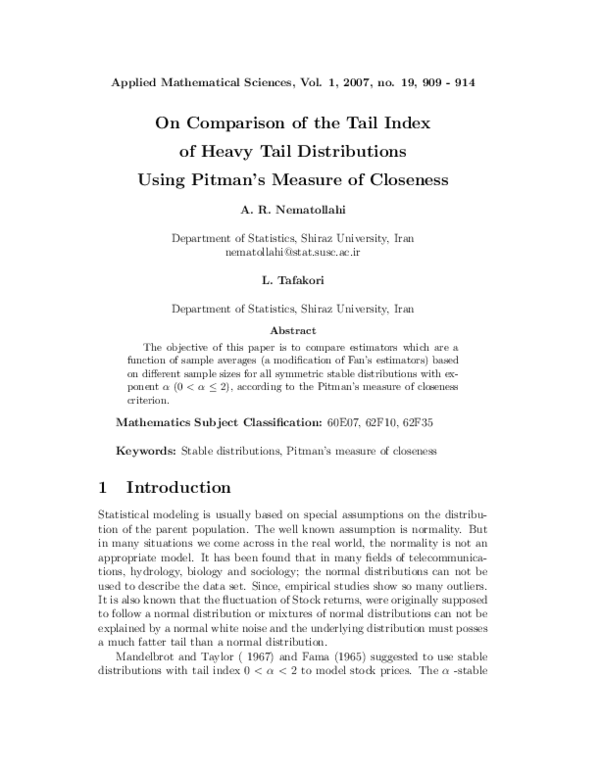 (PDF) On comparison of the tail index of heavy-tail distributions using Pitman’s measure of ...