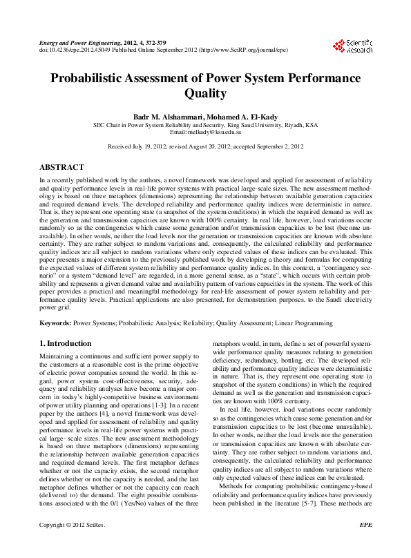 (PDF) Probabilistic Assessment of Power System Performance Quality