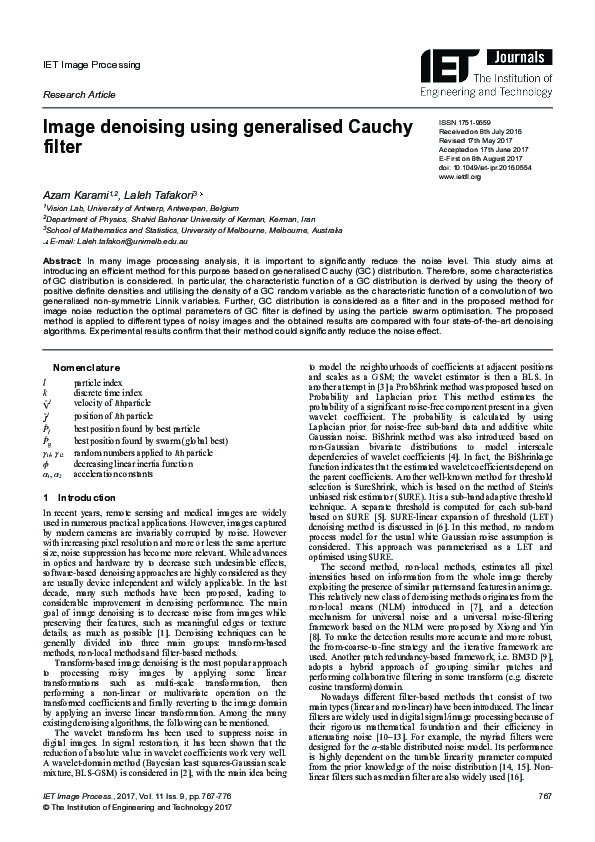 (PDF) Image denoising using generalised Cauchy filter | Laleh tafakori - Academia.edu