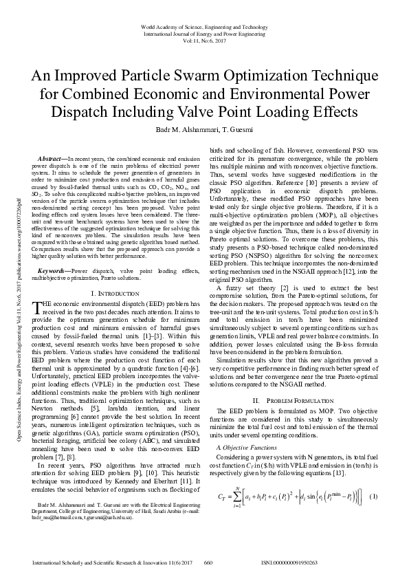 (PDF) An Improved Particle Swarm Optimization Technique For Combined Economic And Environmental ...