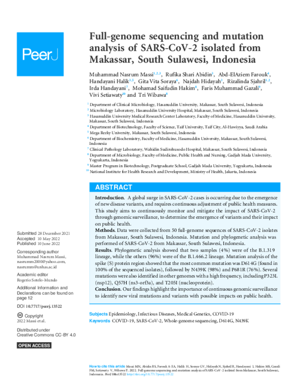 Pdf Full Genome Sequencing And Mutation Analysis Of Sars Cov 2 Isolated From Makassar South