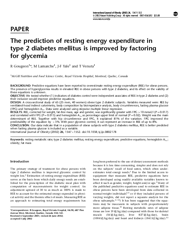 (PDF) The prediction of resting energy expenditure in type 2 diabetes ...