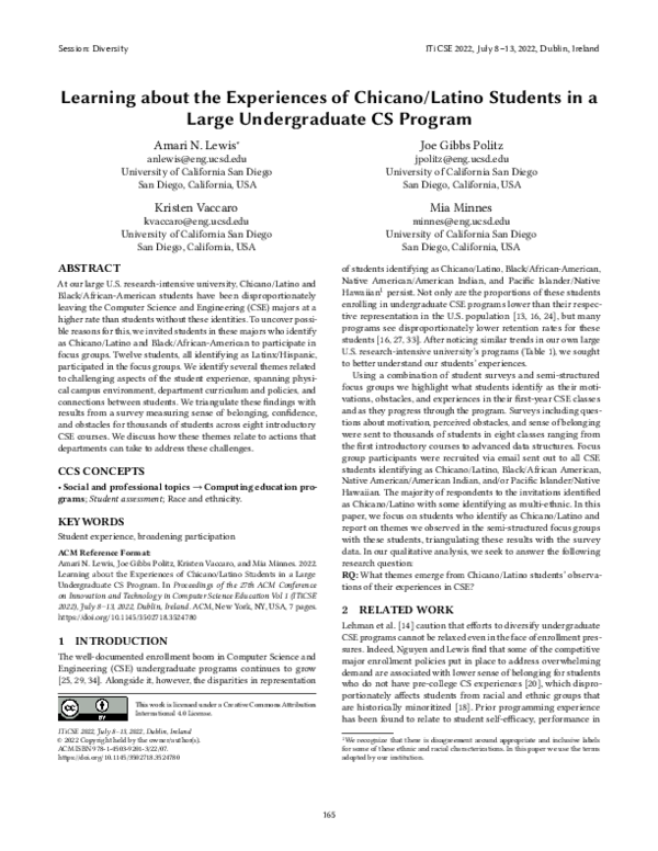 (PDF) Learning about the Experiences of Chicano/Latino Students in a Large Undergraduate CS Program
