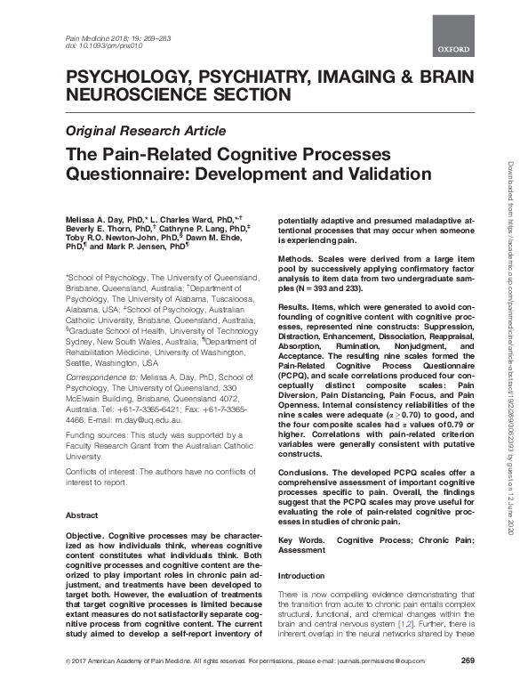 (PDF) The Pain-Related Cognitive Processes Questionnaire: Development and Validation
