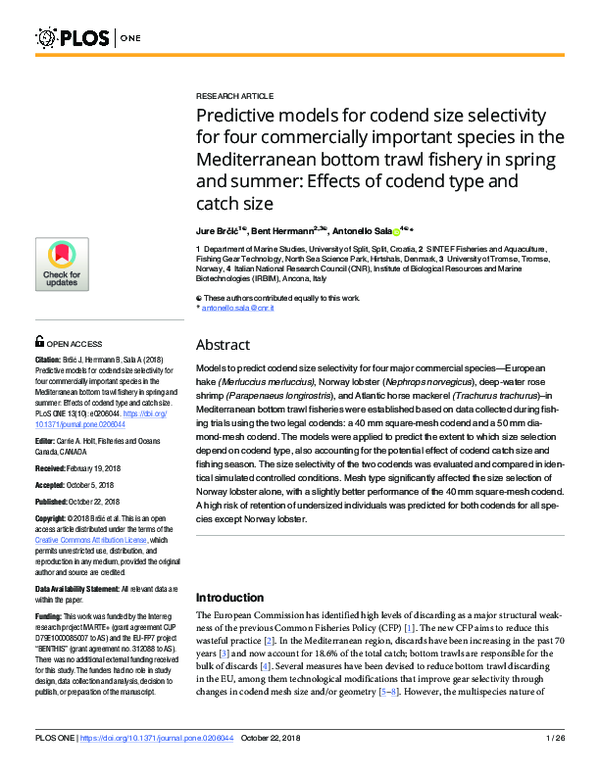 (PDF) Predictive models for codend size selectivity for the arioma ...