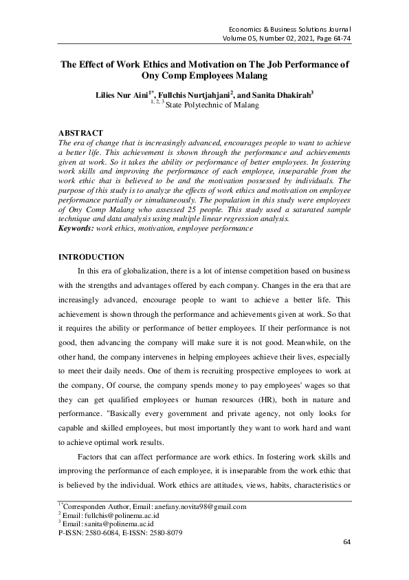(PDF) The Effect of Work Ethics and Motivation on the Job Performance ...