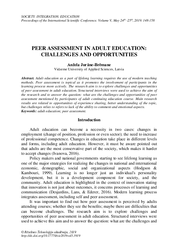 (PDF) Peer Assessment in Adult Education: Challenges and Opportunities