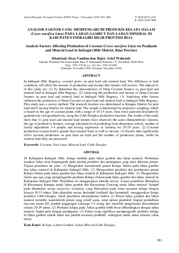 (PDF) ANALISIS FAKTOR YANG MEMPENGARUHI PRODUKSI KELAPA DALAM (Cocos nucifera Linn) PADA LAHAN ...