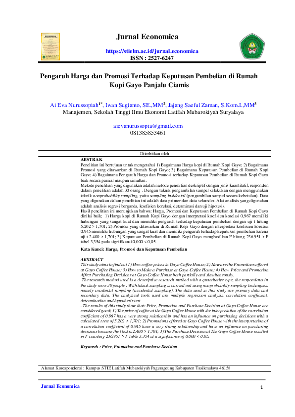 (PDF) Pengaruh Harga dan Promosi Terhadap Keputusan Pembelian di Rumah Kopi Gayo Panjalu Ciamis