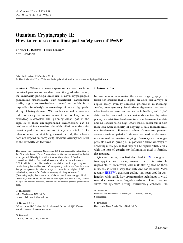 (PDF) Quantum Cryptography II: How to re-use a one-time pad safely even if P=NP