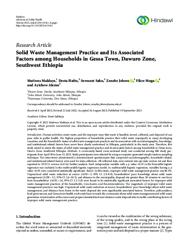 (PDF) Solid Waste Management Practice and Its Associated Factors among ...