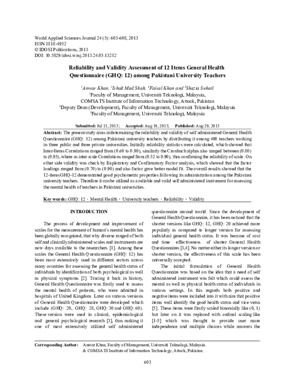 (PDF) Reliability and validity assessment of 12 items general health questionnaire (GHQ: 12 ...