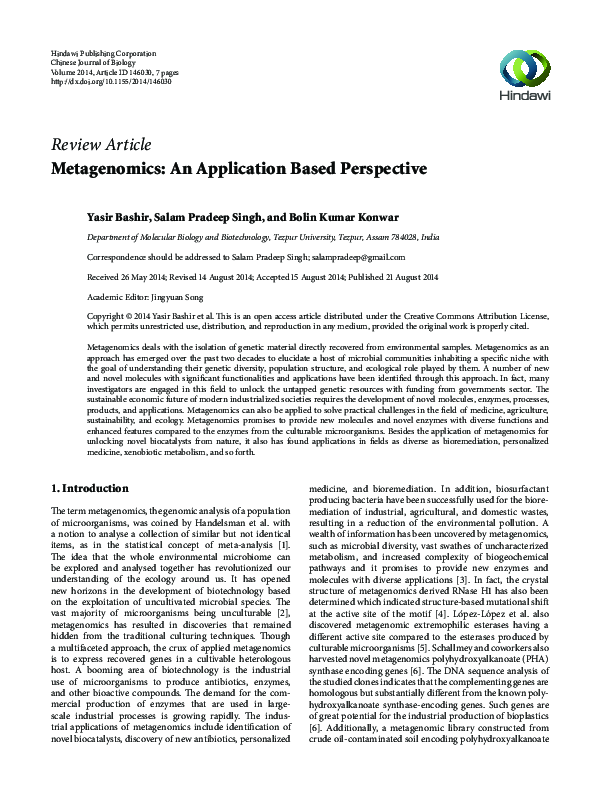 (PDF) Metagenomics: An Application Based Perspective