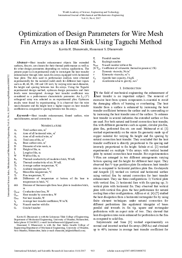 Pdf Optimization Of Design Parameters For Wire Mesh Fin Arrays As A Heat Sink Using Taguchi Method