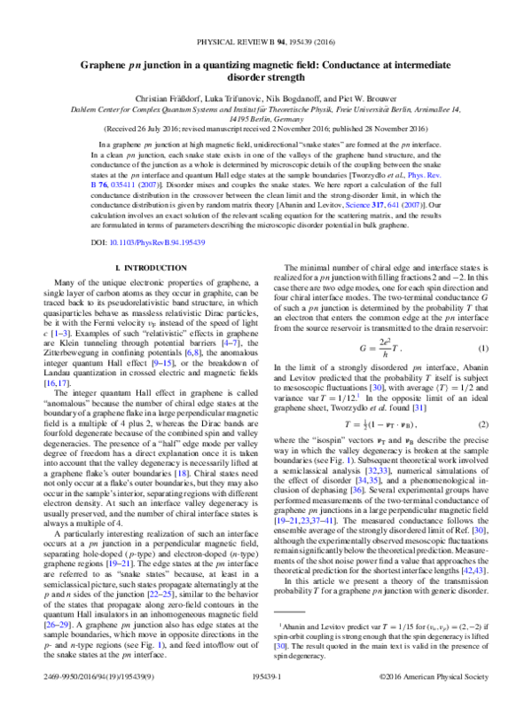 (PDF) Graphene pn junction in a quantizing magnetic field: Conductance at intermediate disorder ...