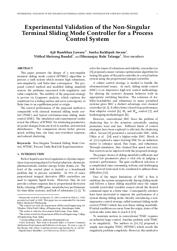 (PDF) Experimental Validation of the Non-Singular Terminal Sliding Mode Controller for a Process ...