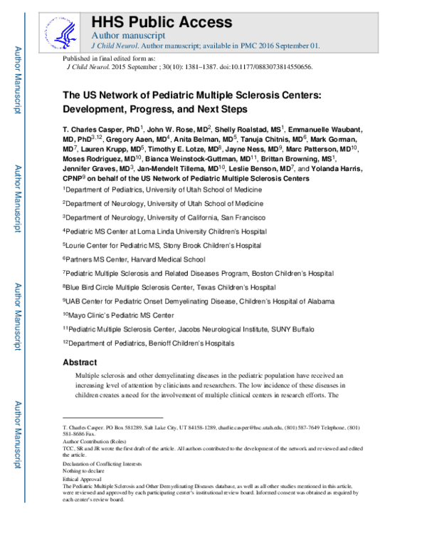 (PDF) The US Network of Pediatric Multiple Sclerosis Centers: Development, Progress, and Next Steps