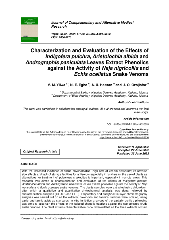 Pdf Characterization And Evaluation Of The Effects Of Indigofera Pulchra Aristolochia Albida